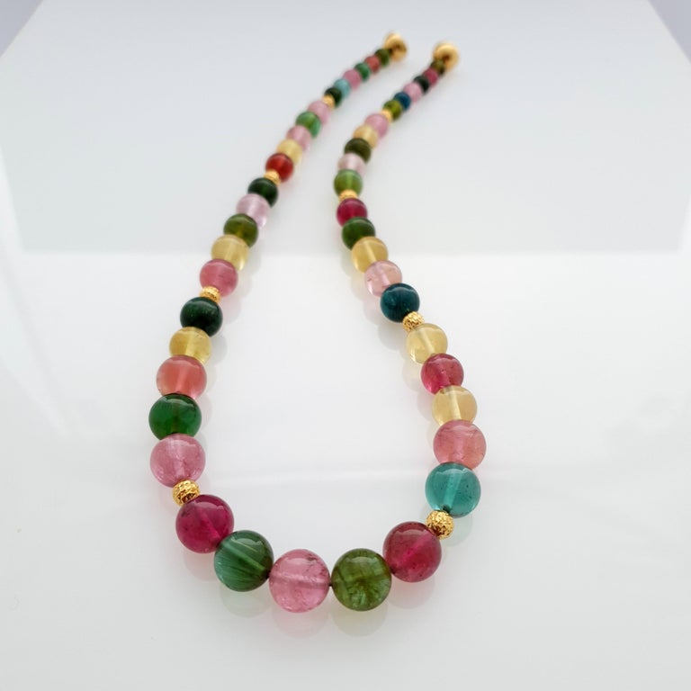 Multicolour Tourmaline Round Beaded Necklace with 18 Carat Yellow Gold ...