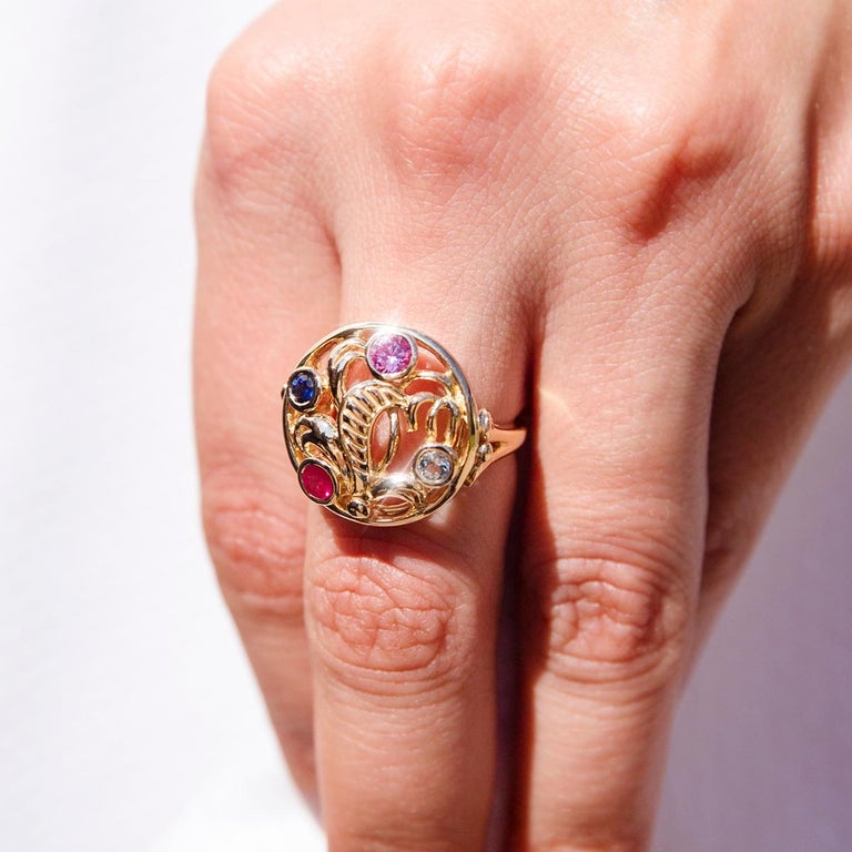 Multicoloured Round Gemstone Contemporary 14 Carat Yellow Gold Motif ...