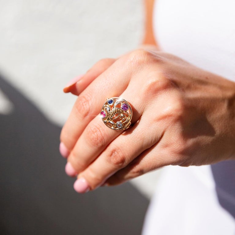 Multicoloured Round Gemstone Contemporary 14 Carat Yellow Gold Motif ...