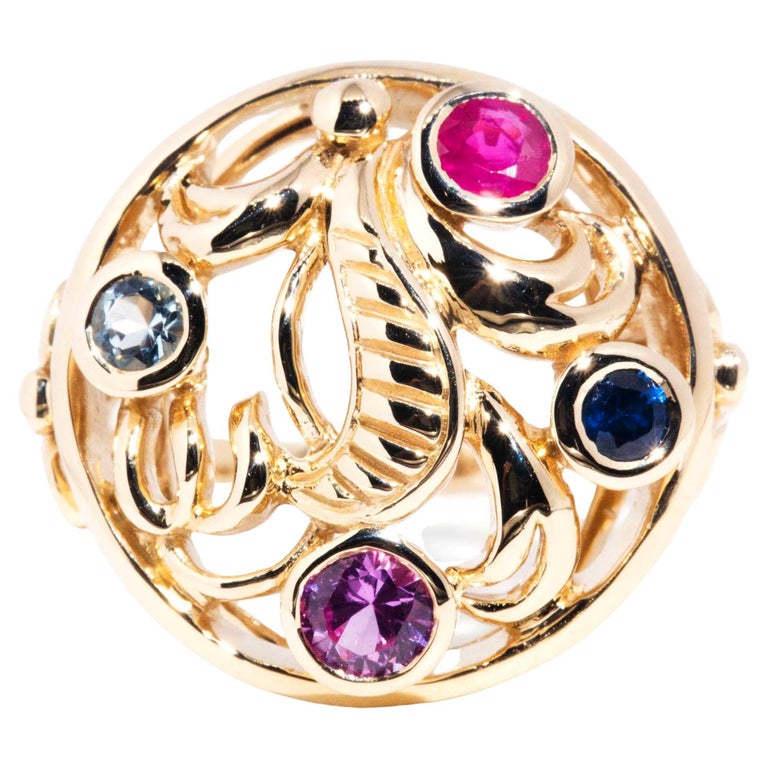 Multicoloured Round Gemstone Contemporary 14 Carat Yellow Gold Motif ...