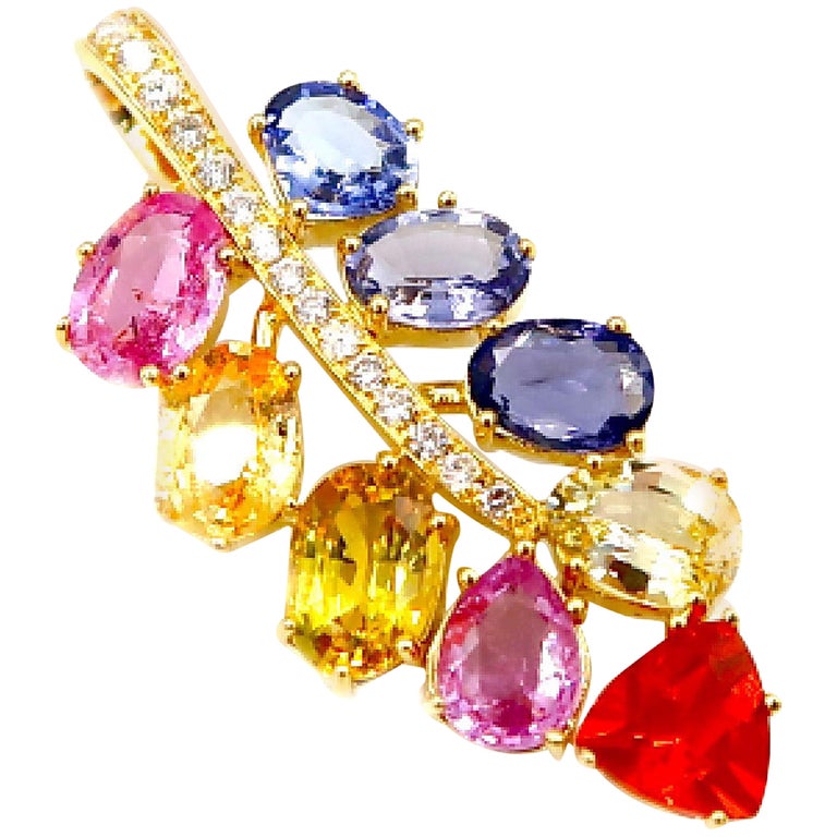 Multicoloured Stone Diamond Locust Leaf 18 Karat Yellow Gold Pendant ...