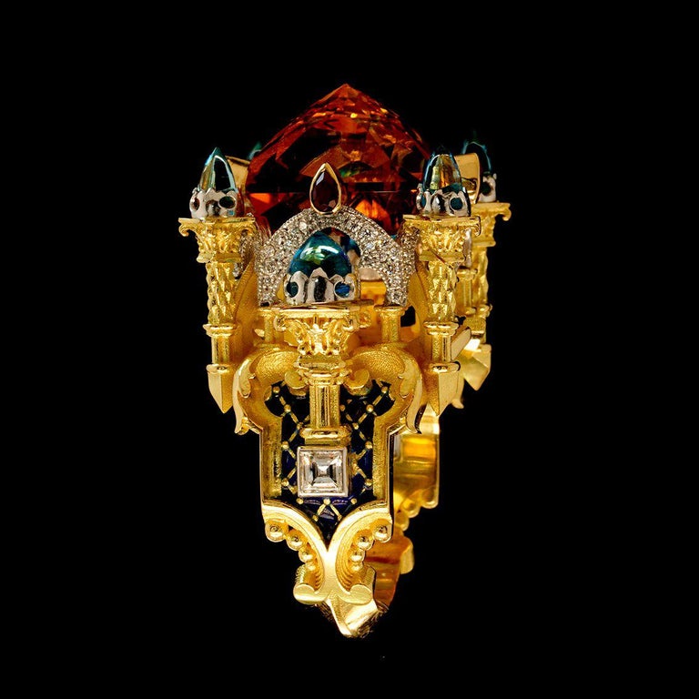 Carved Citrine, Topaz, Ruby, Diamond Gold Enamel Ring For Sale at 1stDibs