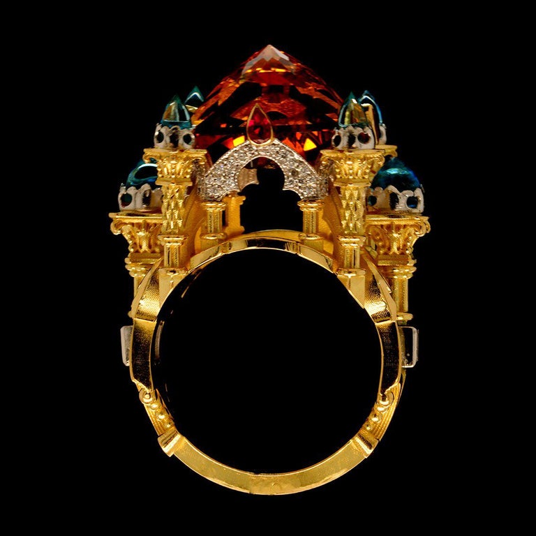 Carved Citrine, Topaz, Ruby, Diamond Gold Enamel Ring For Sale at 1stDibs
