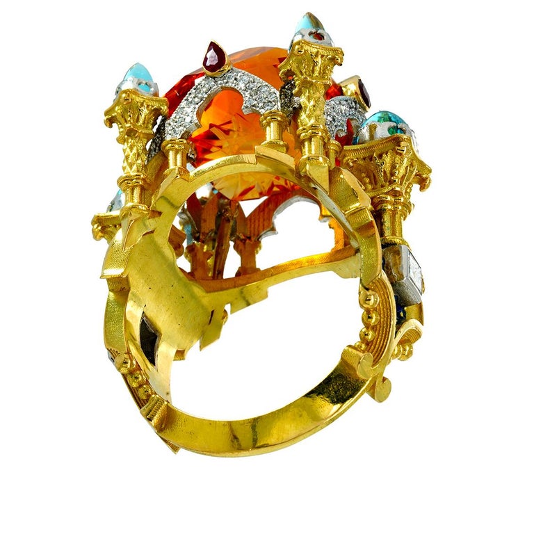 Carved Citrine, Topaz, Ruby, Diamond Gold Enamel Ring For Sale at 1stDibs
