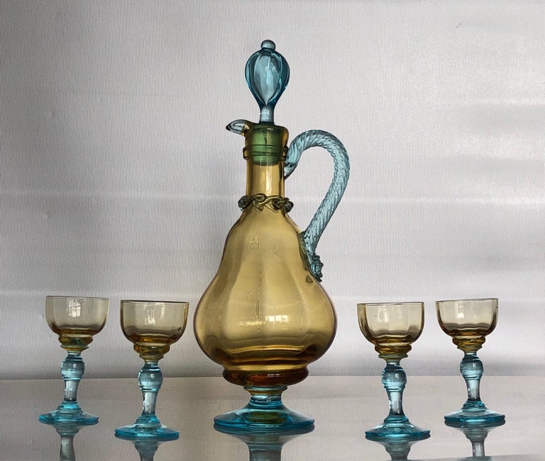 Murano Art Glass Carafe with Four Glasses Yellow and Blue, 1940s Italy ...