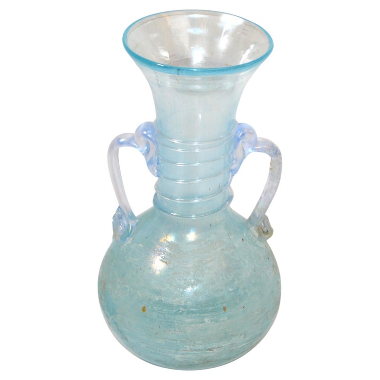 Murano Baby Blue Italian Scavo Glass Wheat Vase with Handles, Vessel ...