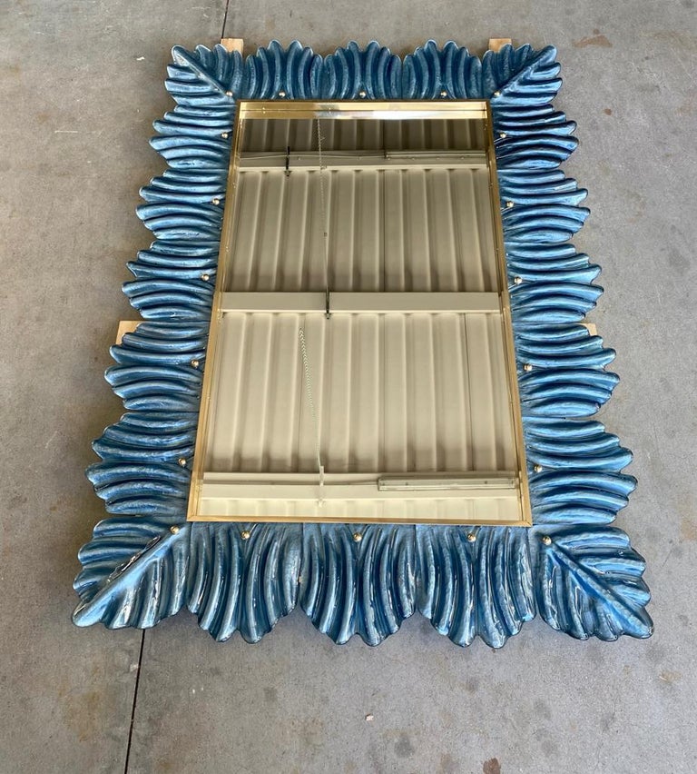 Murano Blu Color Glass and Brass Mid-Century Wall Mirror, 2000 For Sale ...