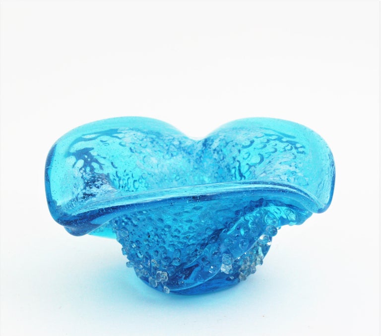 Murano Blue Art Glass Centerpiece Bowl with Applied Clear Glass Drops ...