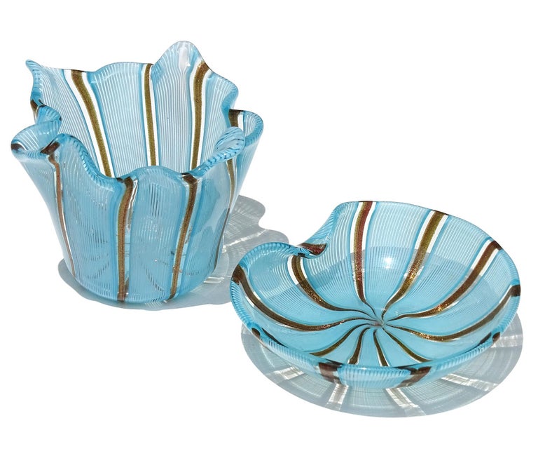 Murano Blue Copper Aventurine Ribbons Italian Art Glass Fazzoletto Vase ...
