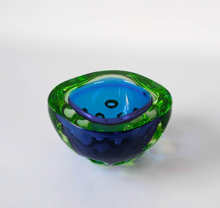 Murano Blue Green Sommerso Dimpled Geode Bowl by Galliano Ferro, c ...