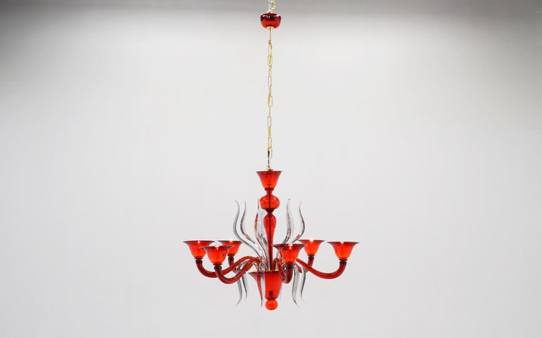 Murano Chandelier in Red and Clear Art Glass w/ Original Glass Ceiling ...