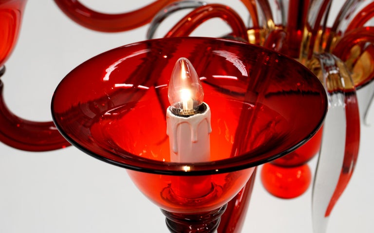 Murano Chandelier in Red and Clear Art Glass w/ Original Glass Ceiling ...