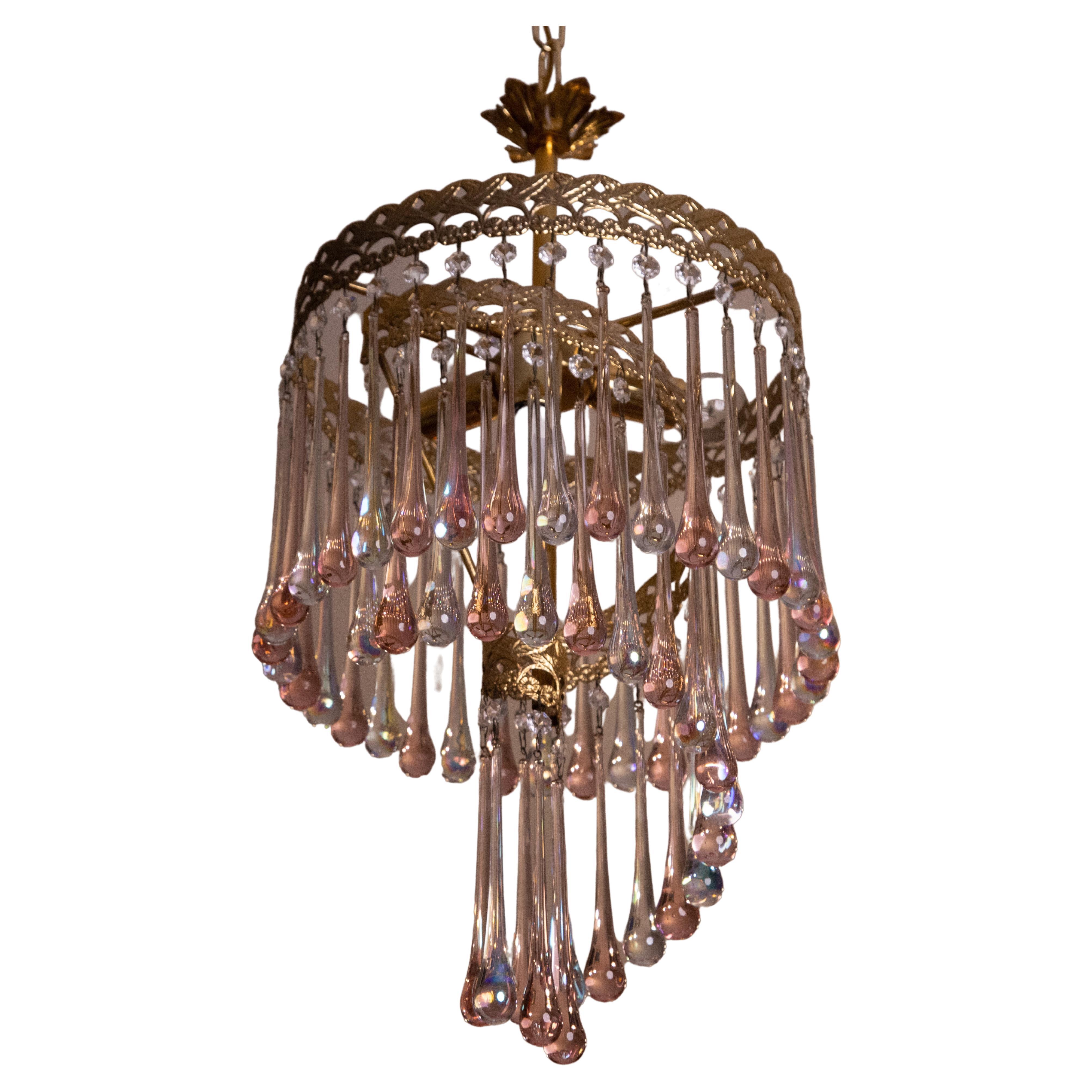 Crystal and Bronze Chandelier with Colored Drops, Pink Drops, 1940s For ...