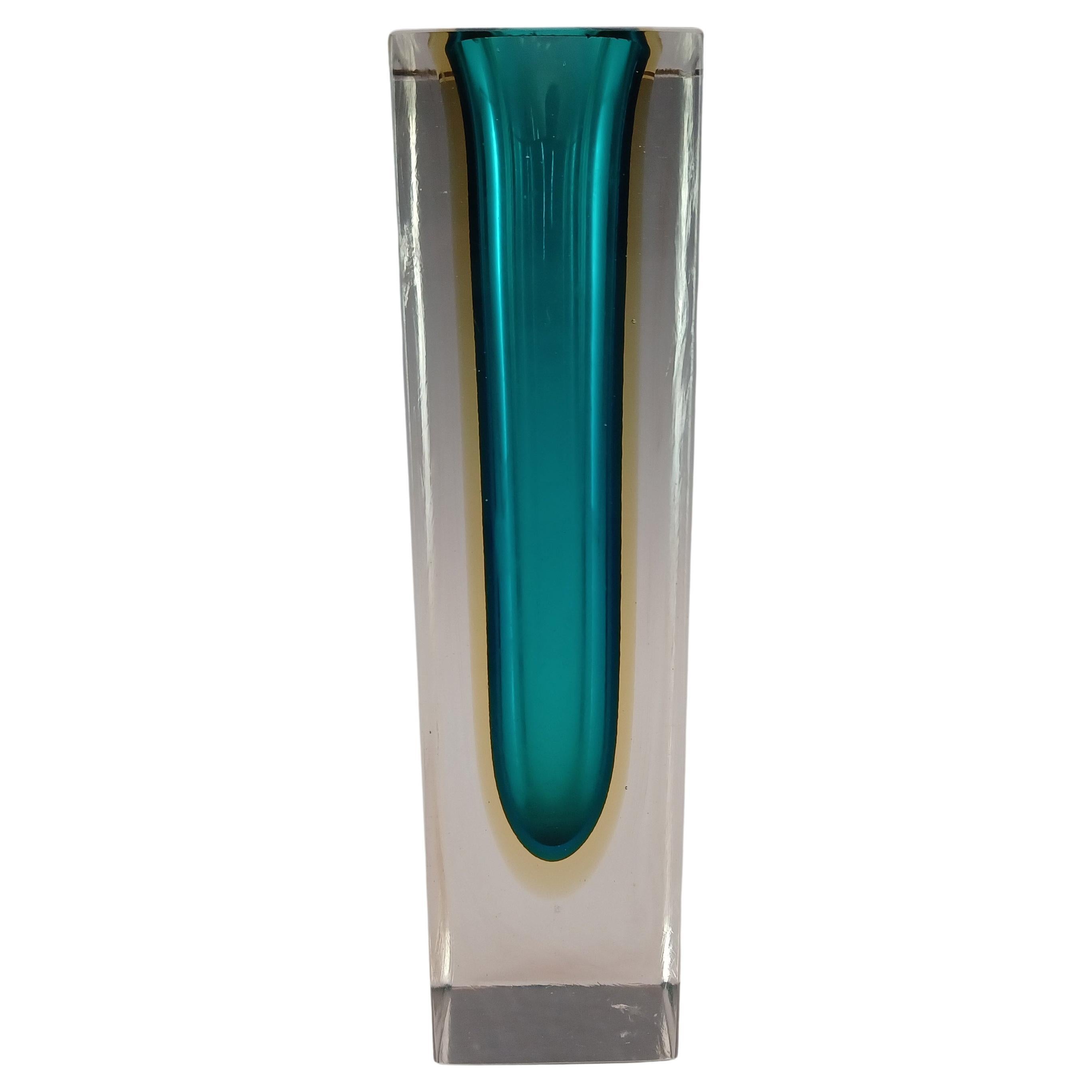 Murano Faceted Green and Amber Sommerso Glass Block Vase For Sale at ...