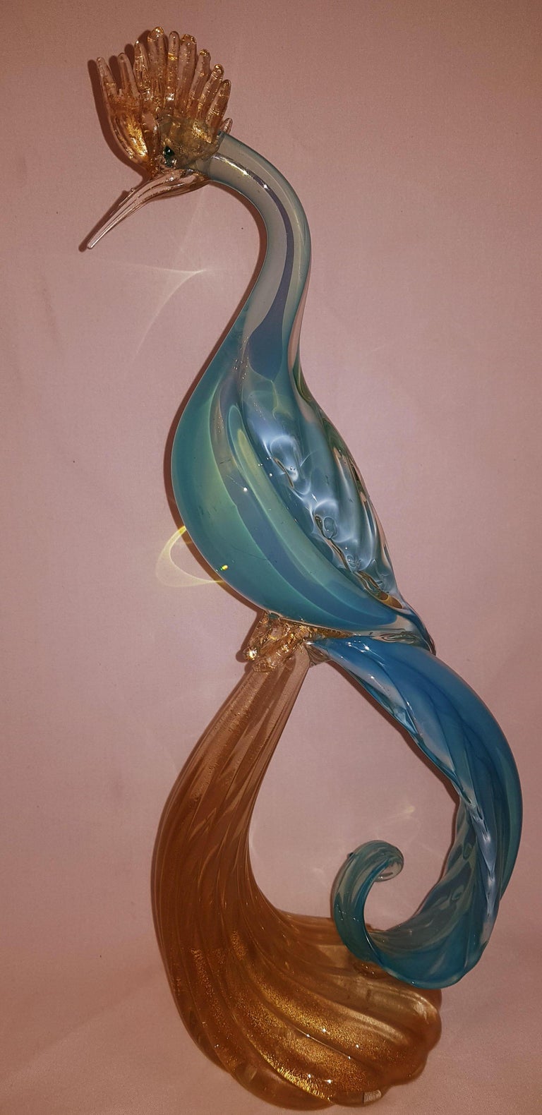 Murano Glass Blue Opal Paradise Bird with Gold Leaf by Alfredo Barbini ...