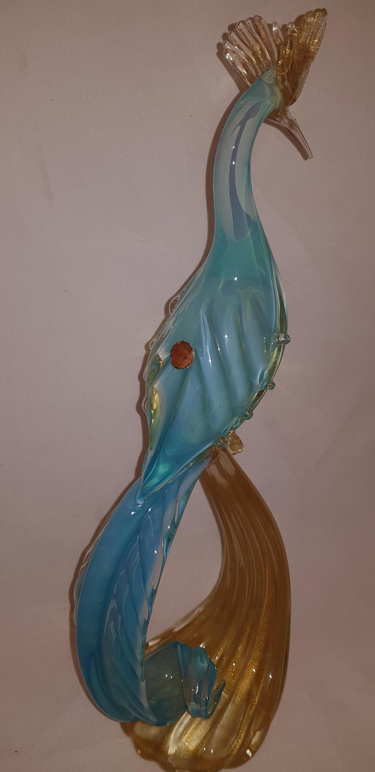 Murano Glass Blue Opal Paradise Bird with Gold Leaf by Alfredo Barbini ...