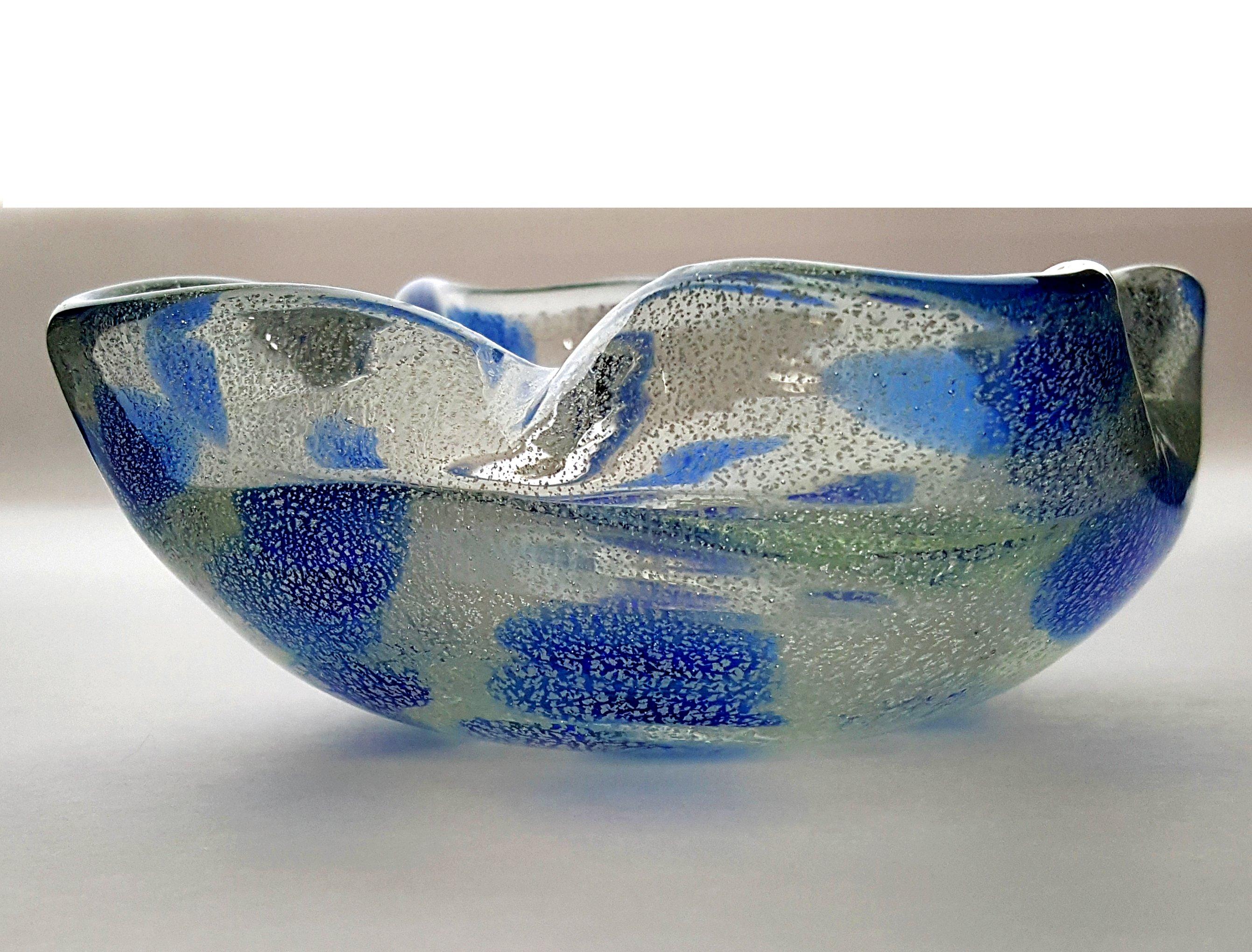 Murano Glass Bowl, Blue A Macchia and Silver Fleck in Clear Glass ...