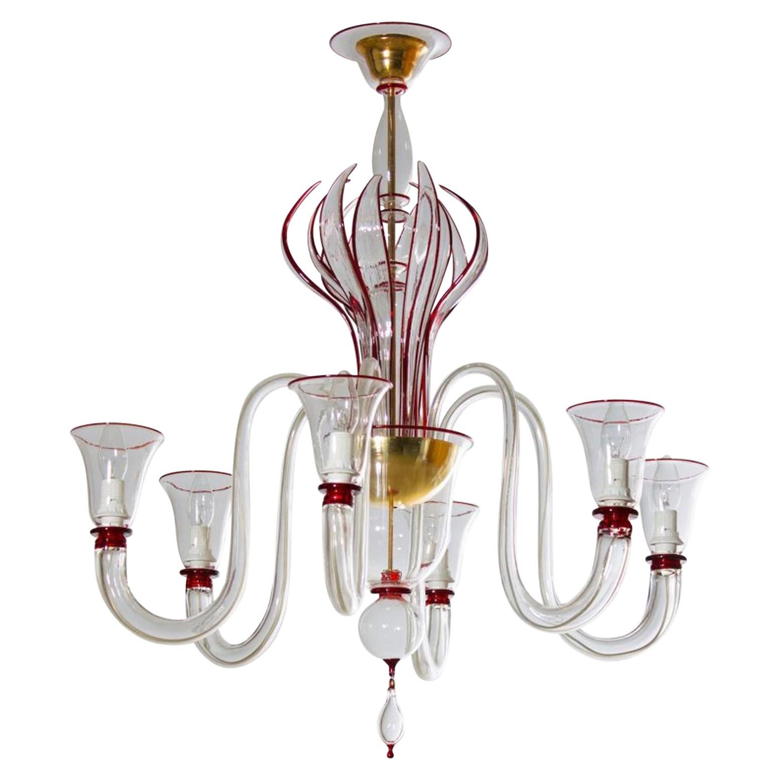 Murano Glass Chandelier in Clear with Blood Red Details For Sale at 1stDibs