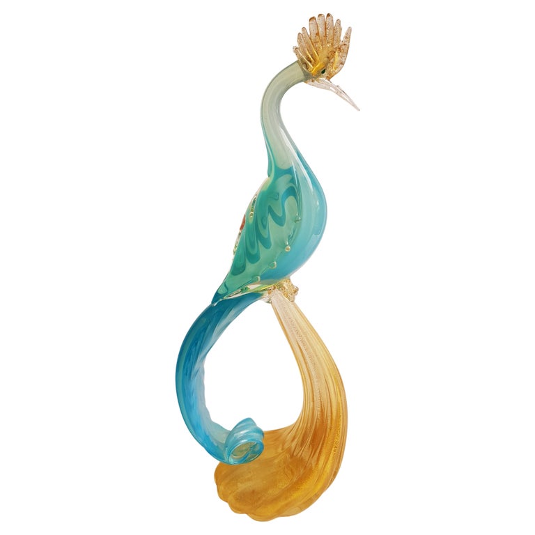 Murano Glass large Blue Opal Paradise Bird with Gold Leaf by Alfredo ...