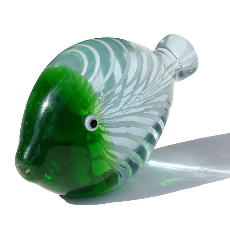 Murano Green Blue White Fenicio Italian Art Glass Fish Paperweight Figurine For Sale at 1stDibs