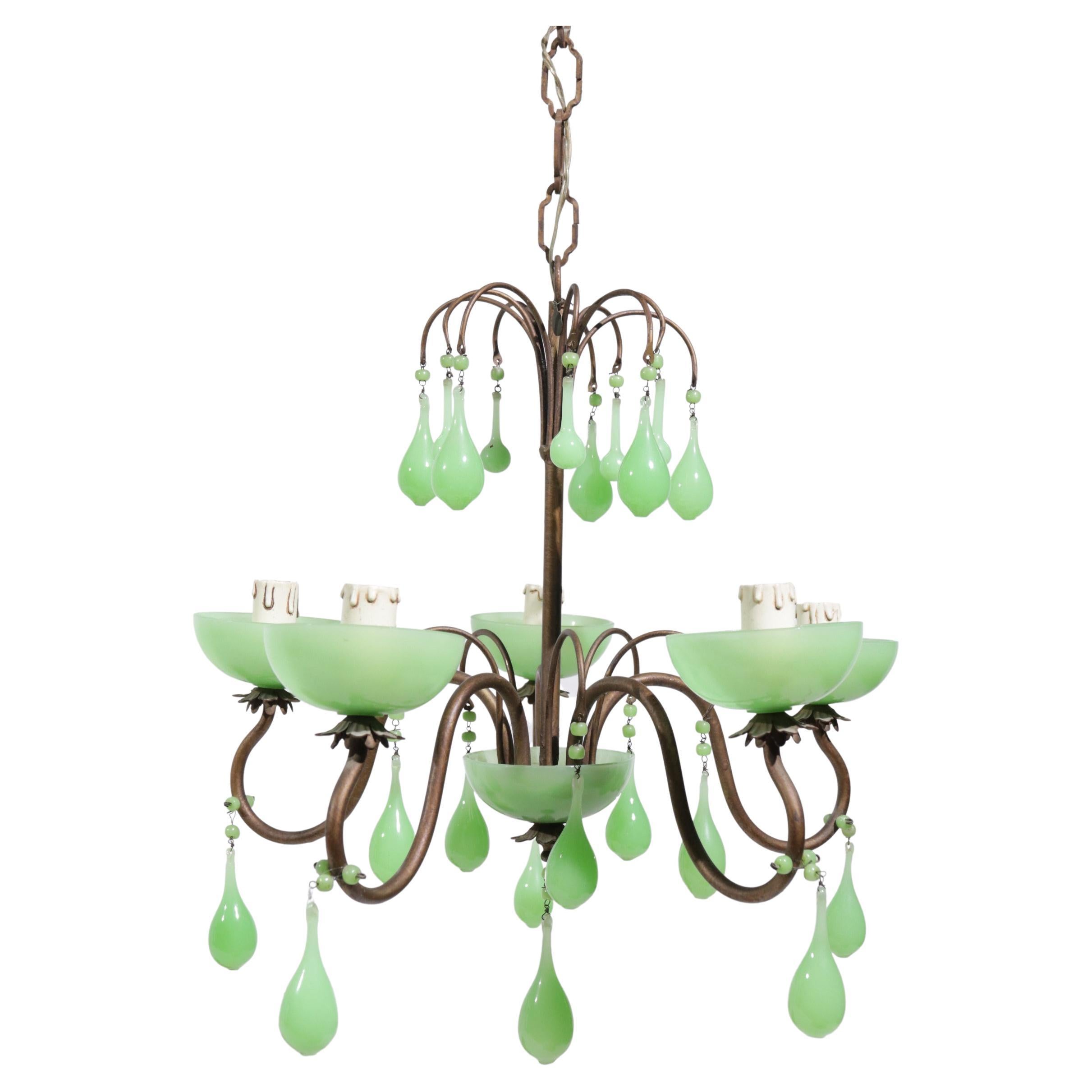 1930 French Blue Opaline Bobeches and Drops Chandelier at 1stDibs