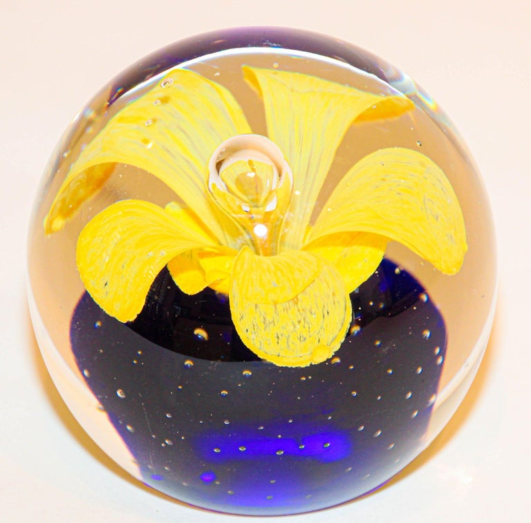 Murano Hand Blown Paperweight Yellow Flower with Blue Base Collectible ...
