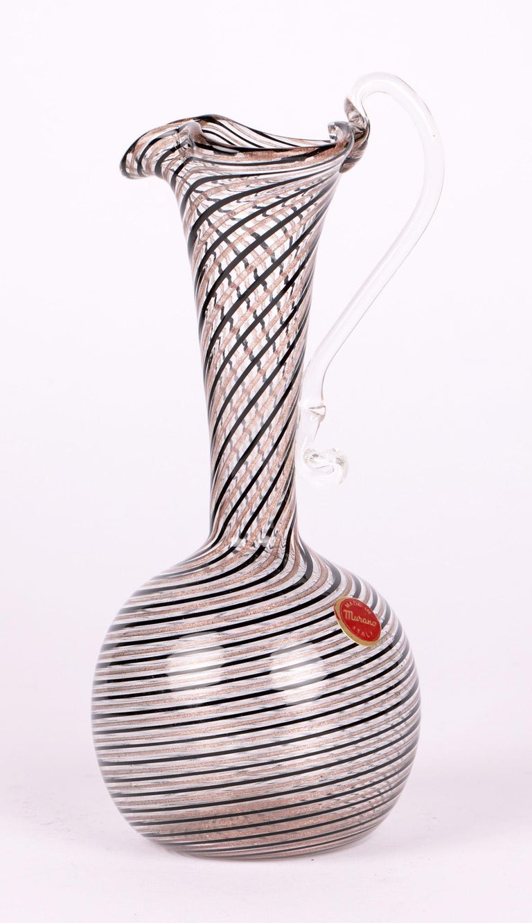 Murano Italian Ribbon Trailed Hand-Blown Art Glass Jug For Sale at 1stDibs