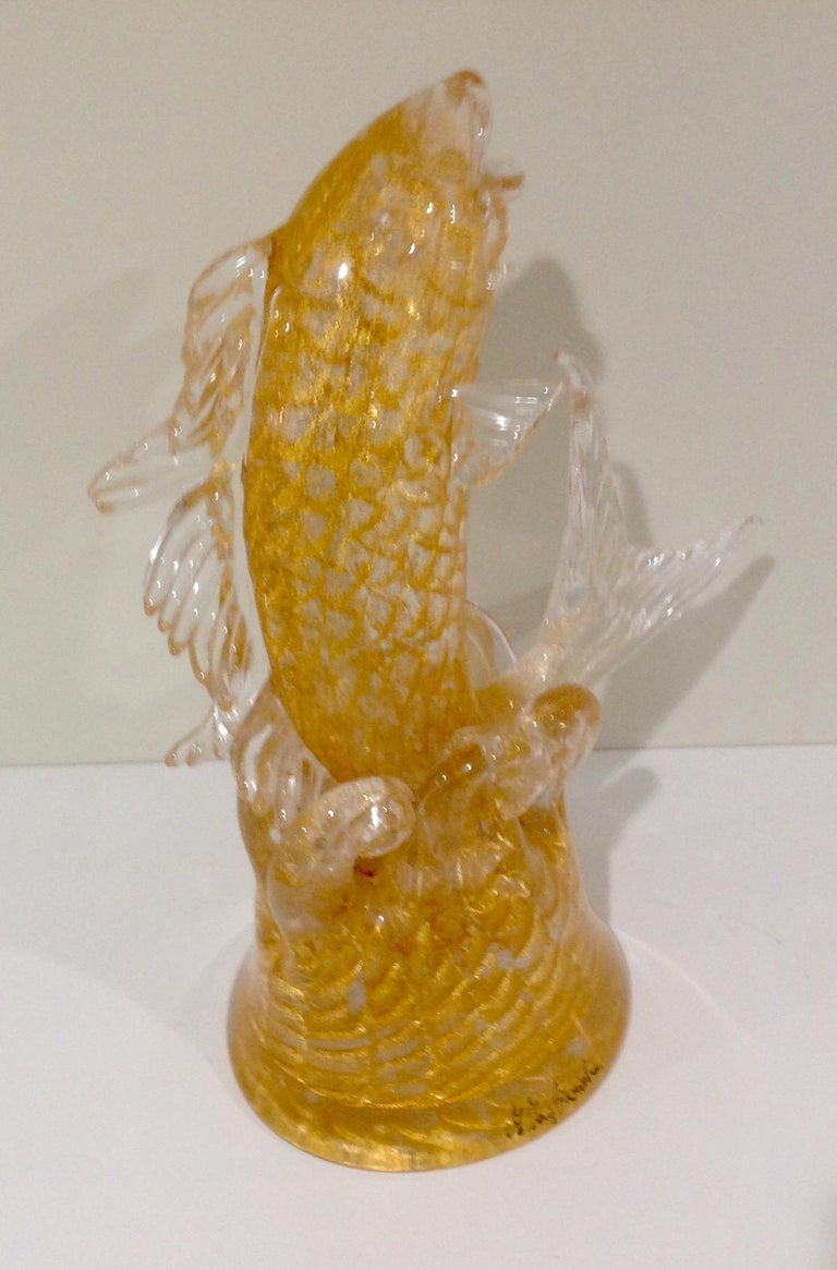 Murano Jumping Fish Sculpture in Brilliant Gold Signed by the Artist ...