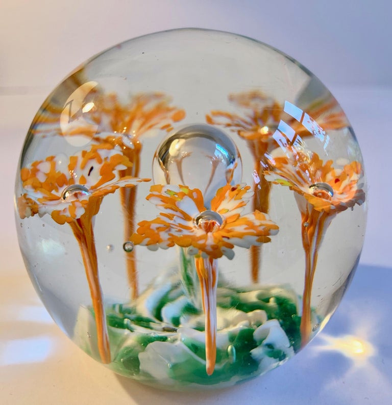 Murano Orange Flower Paperweight at 1stDibs