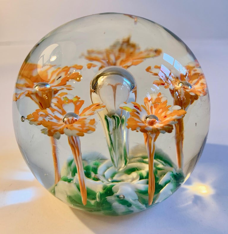 Murano Orange Flower Paperweight at 1stDibs