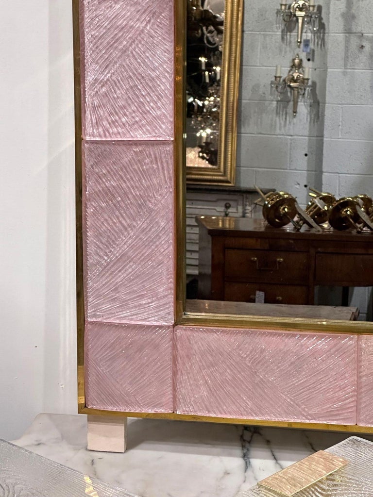 Murano Pink Glass and Brass Mirror For Sale at 1stDibs
