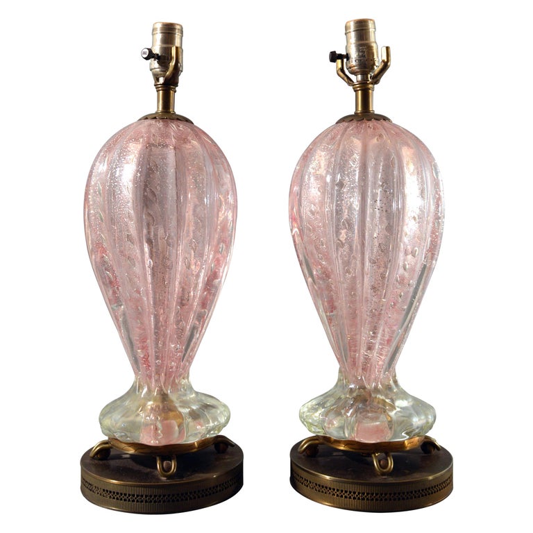 Murano Pink Glass with Bullicante and Silver Flakes Pair of Table Lamps ...