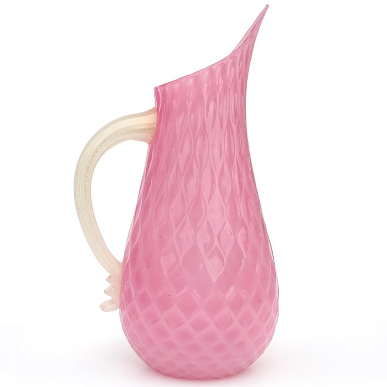 Murano Pink Opalescent Gold Flecks Quilted Italian Art Glass Pitcher ...
