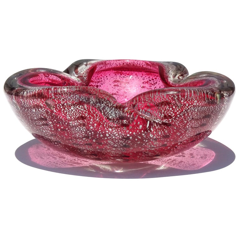 Murano Pink Silver Flecks Dark Purple Spots Italian Art Glass Bowl ...