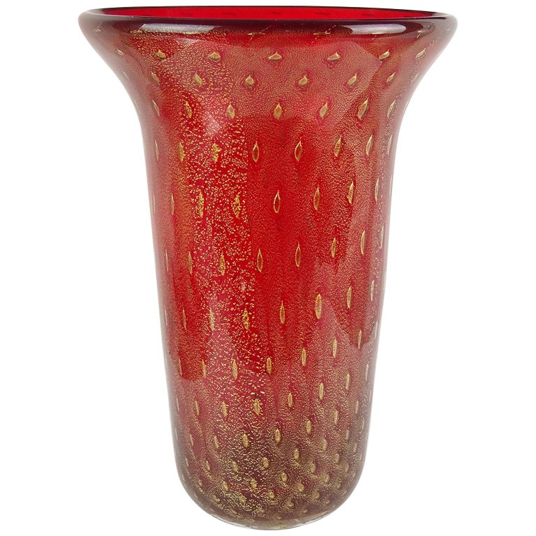 Murano Red Controlled Bubbles Gold Flecks Italian Art Glass Flower Vase ...
