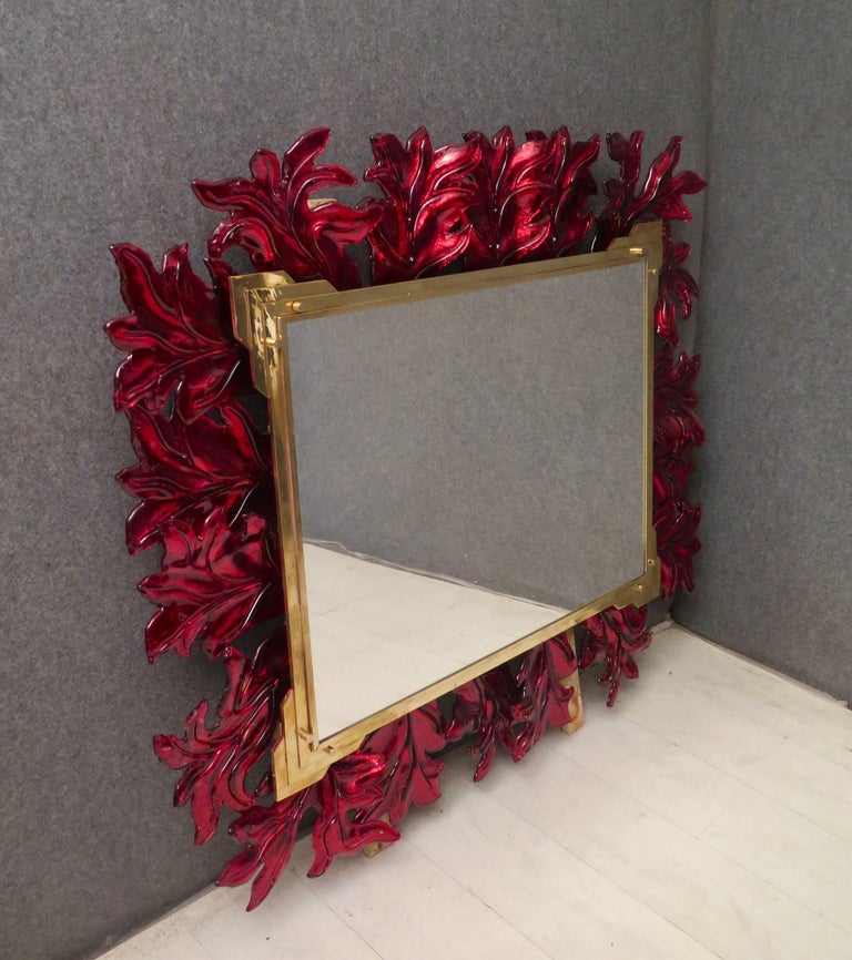Murano Red Glass and Brass Midcentury Mirror, 1970 at 1stDibs