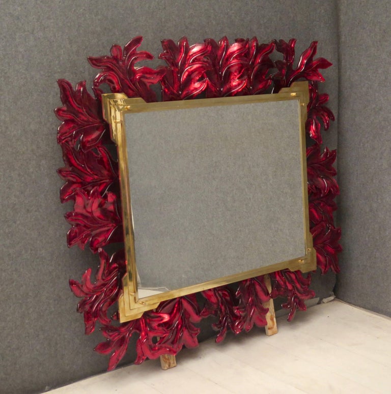 Murano Red Glass and Brass Midcentury Mirror, 1970 at 1stDibs