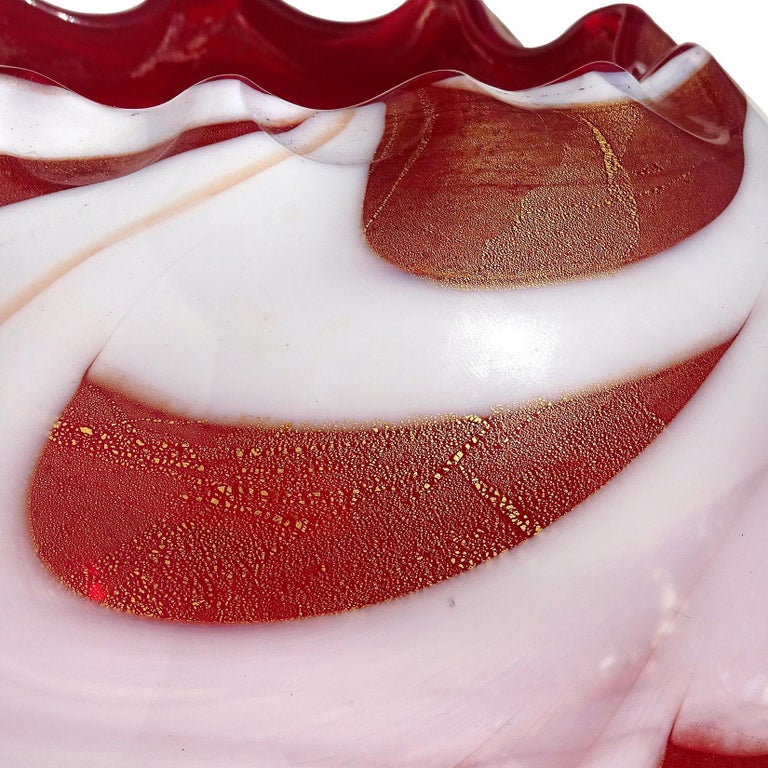 Murano Red Gold Flecks Pulled Feather Italian Art Glass Rose Bowl ...