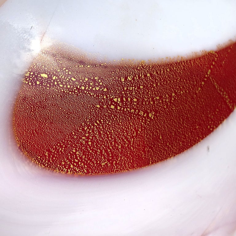 Murano Red Gold Flecks Pulled Feather Italian Art Glass Rose Bowl ...