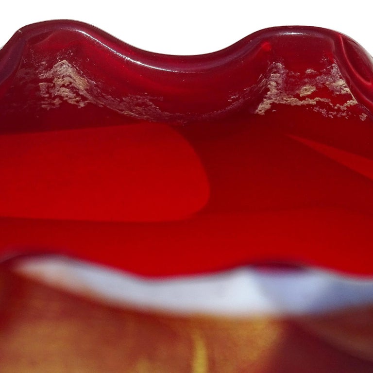 Murano Red Gold Flecks Pulled Feather Italian Art Glass Rose Bowl ...