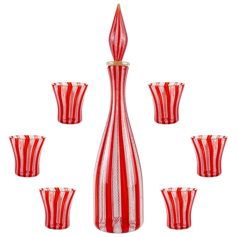 Murano Red White Zanfirico Ribbons Italian Art Glass Decanter Shot ...