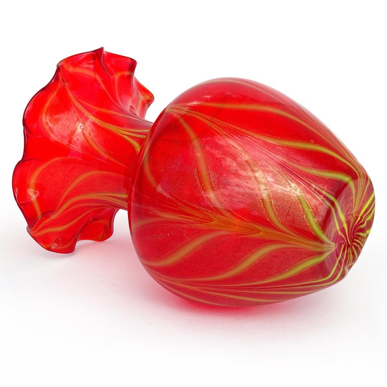 Murano Red Yellow Pulled Feather Gold Italian Art Glass Ruffle Rim ...