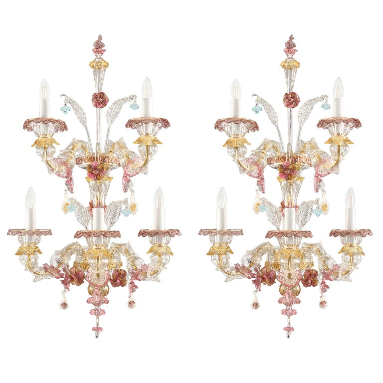 Murano Rezzonico Sconce 3+2 Arms Clear and Multi-Color Glass Toffee ...