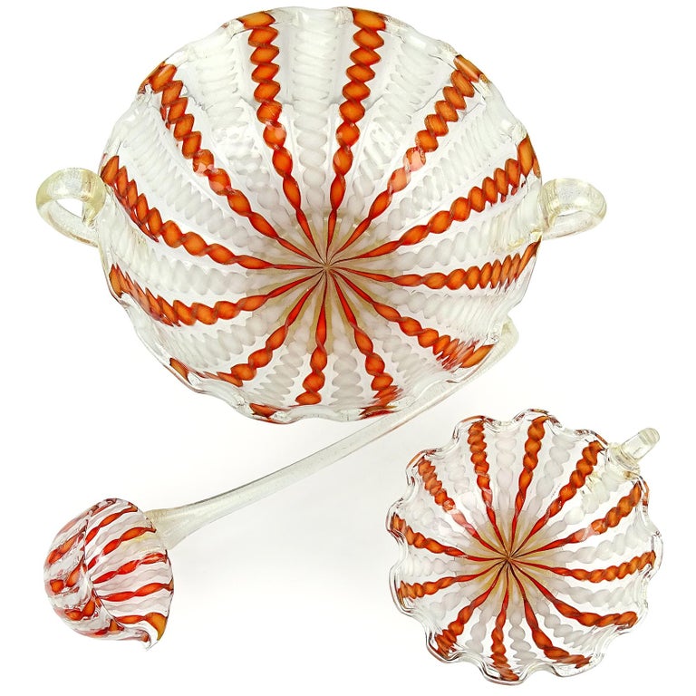 Murano Seven-Piece Orange Aventurine Ribbons Italian Art Glass Punch ...