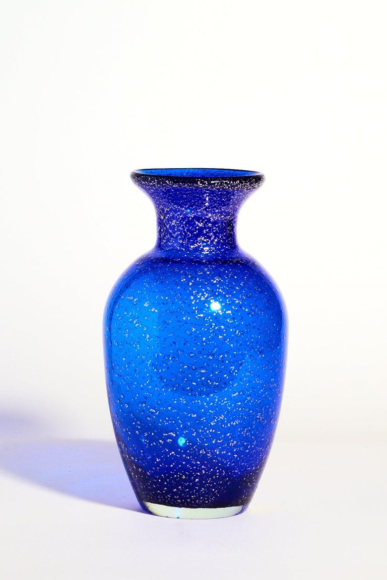 Murano Signed Silver Flecked Cobalt Vase For Sale at 1stDibs