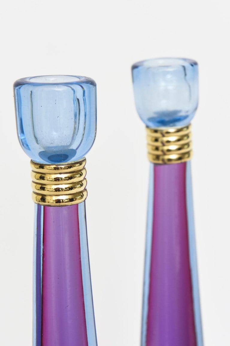 Murano Purple, Blue Sommerso Glass Candlesticks with Brass Banding ...