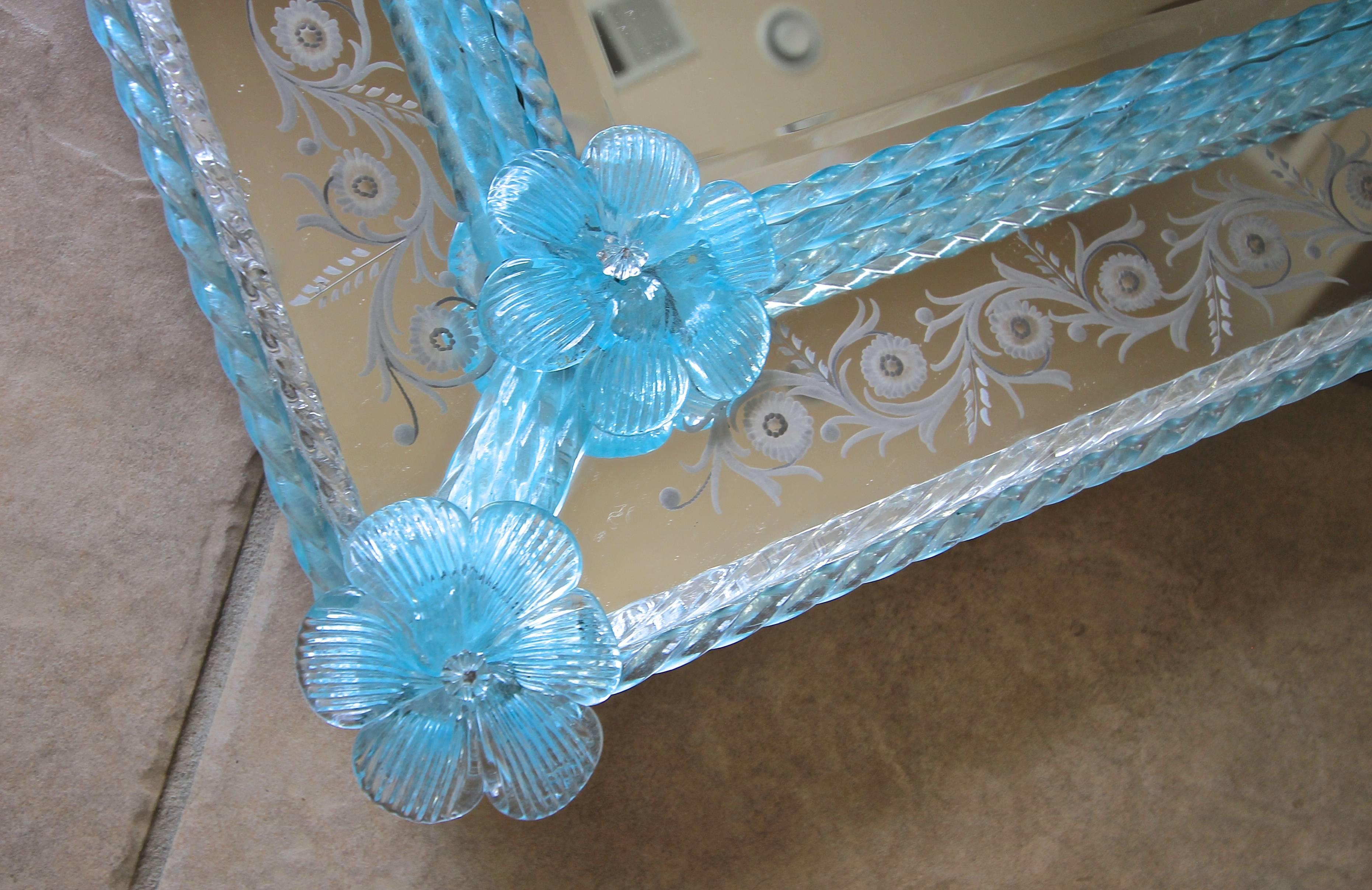 Murano Venetian Blue Floral Etched Wall Mirror at 1stDibs | floral ...