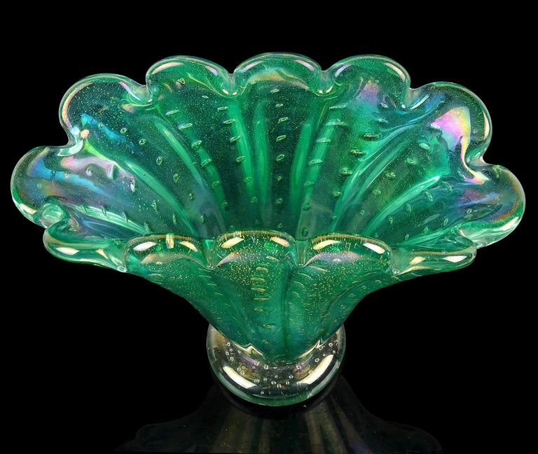 Murano Vintage Green Iridescent Gold Flecks Italian Art Glass Flared ...