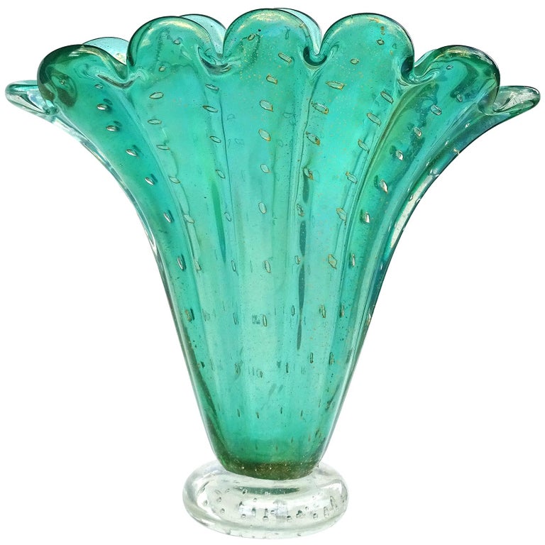 Murano Vintage Green Iridescent Gold Flecks Italian Art Glass Flared ...