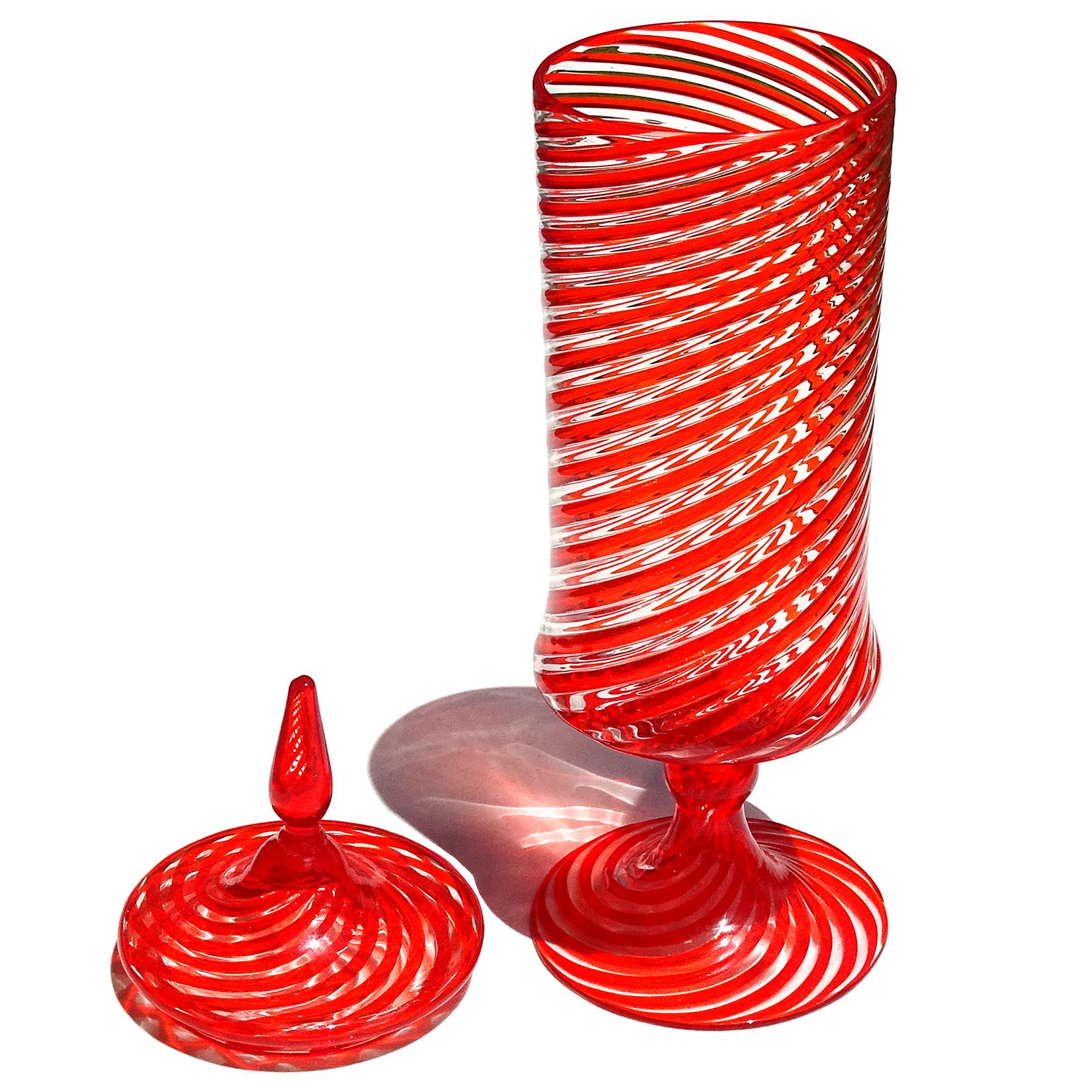 Murano Vintage Red Orange Optic Swirl Italian Art Glass Container ...